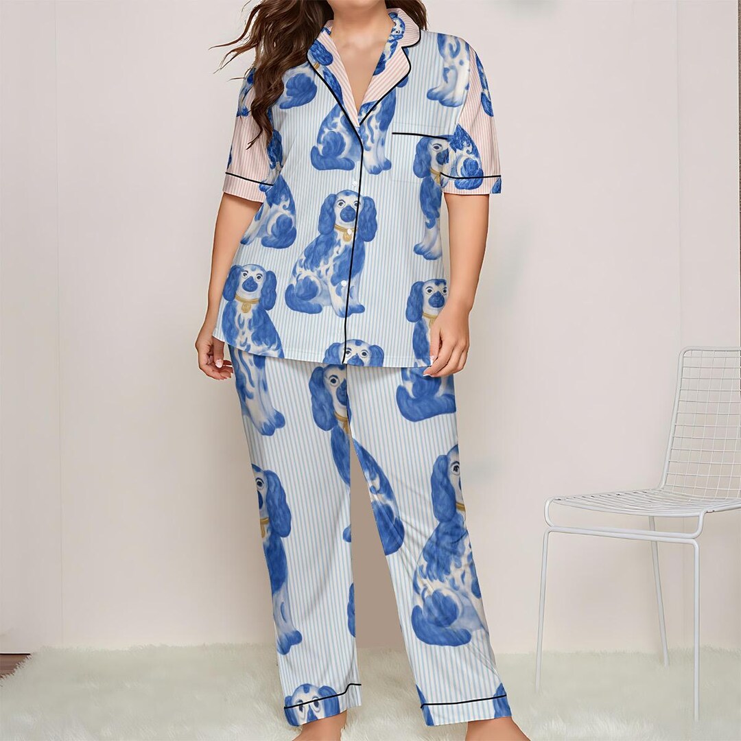 Preppy Staffordshire Dog Satin Pajama Set — Blue & Pink Contrast Luxe ...