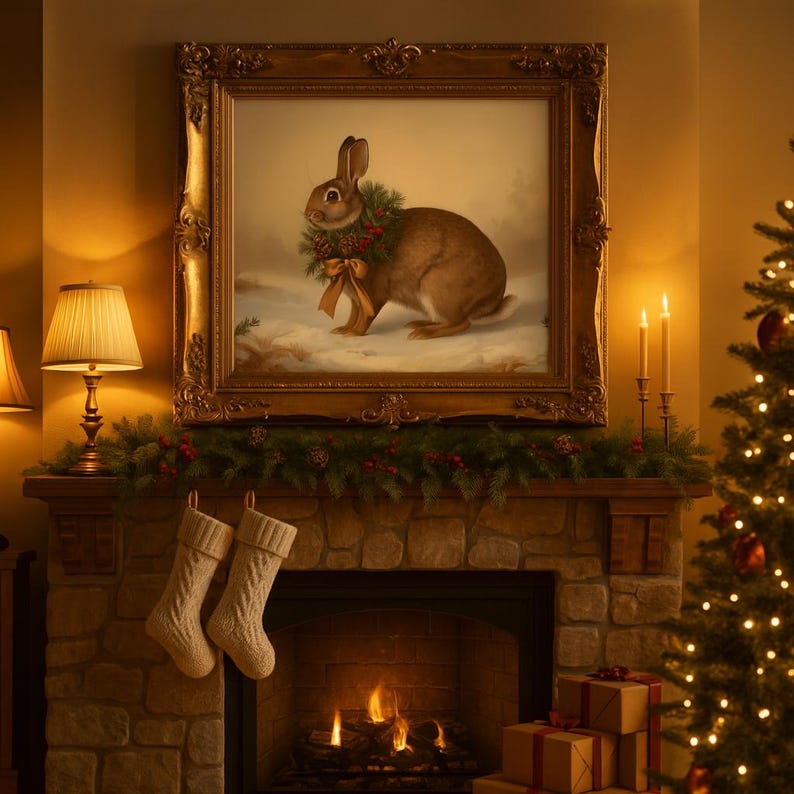 Holiday Rabbit Wreath Fine Art Print – Satin Finish Christmas Wall ...