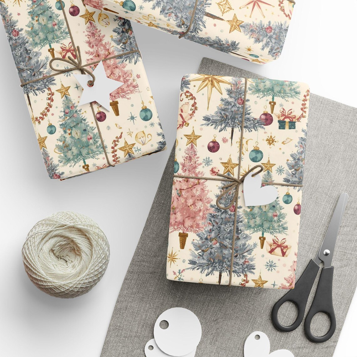 1950s Pastel Tinsel Christmas Tree Wrapping Paper Retro Mid Century ...