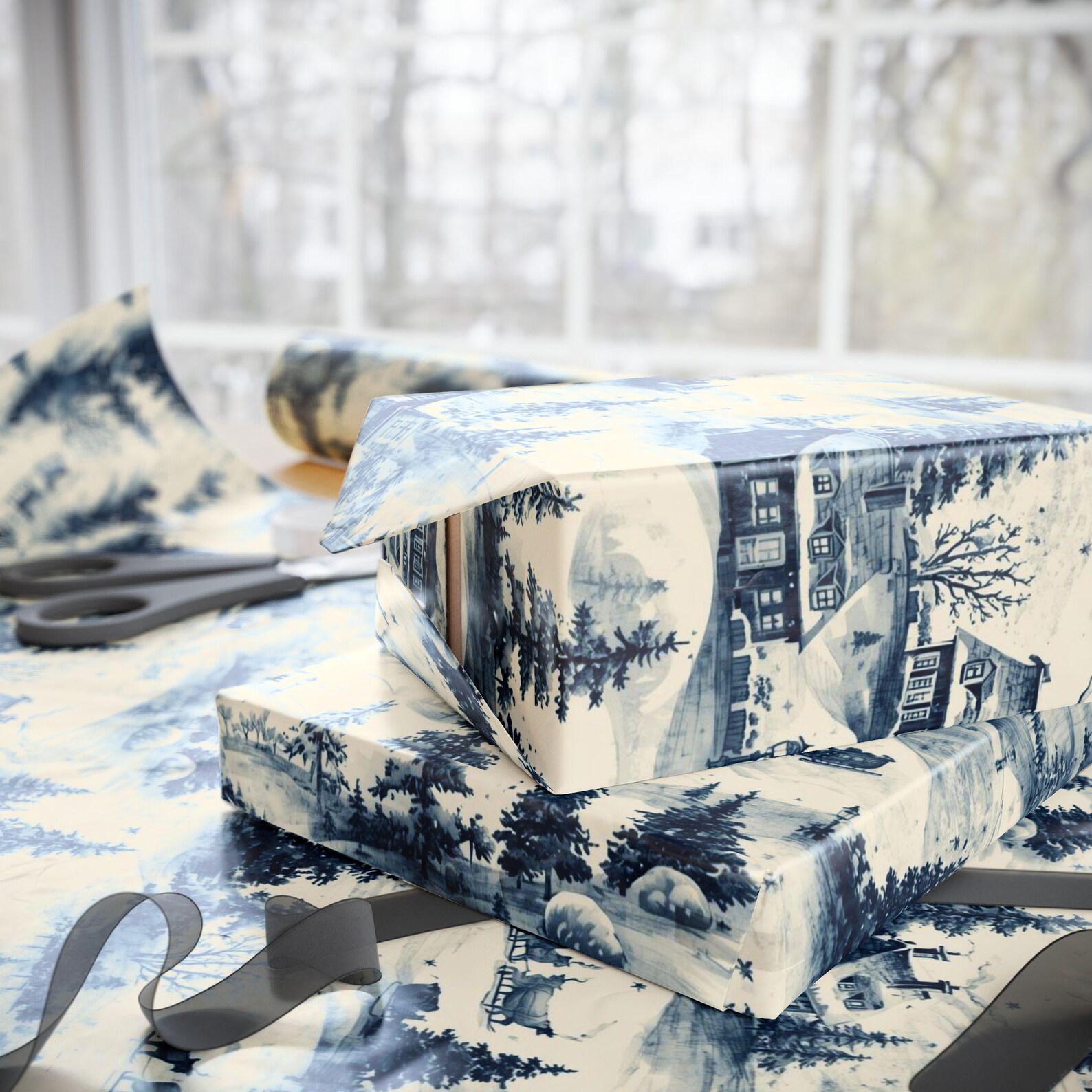 Blue & White Toile Christmas Wrapping Paper • Winter Wonderland Scene ...