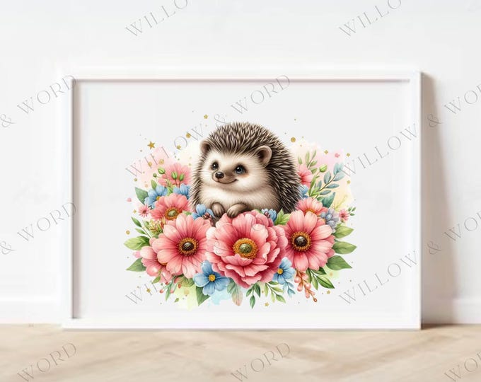 10 Watercolor Hedgehog Clipart, Woodland Hedgehog Family Flowers, Cute ...