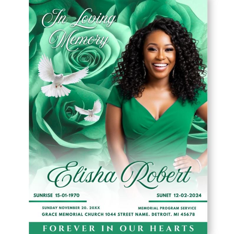Green Roses Funeral Program Template: 8-page Memorial (canva, PDF ...