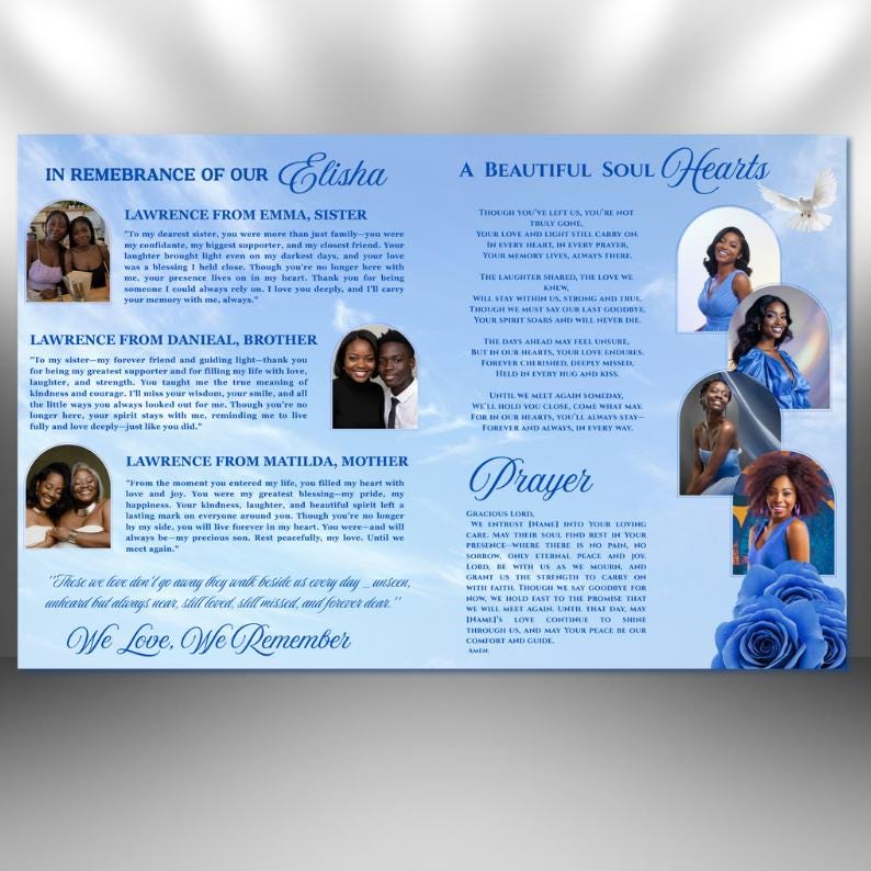 Blue Roses Funeral Program Template: 8-page Memorial (canva, PDF ...