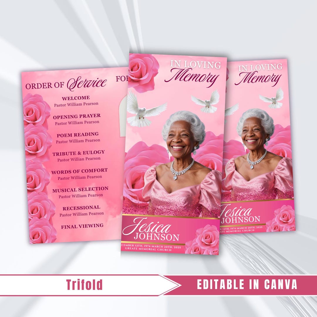 Pink Roses Funeral Program Trifold Memorial Template 17x11 Canva
