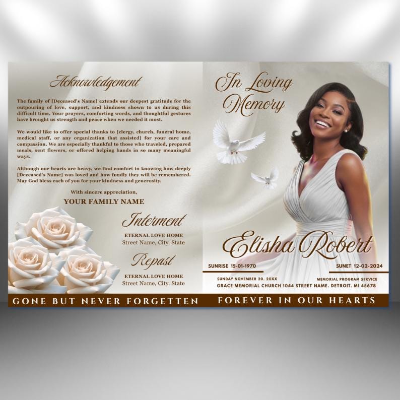 White & Brown Funeral Program Template: 8-page Memorial (canva, PDF ...