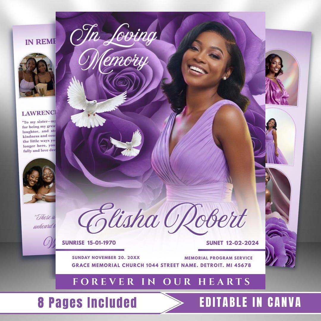 Purple Roses Funeral Program Template: 8-page Memorial (canva, PDF ...
