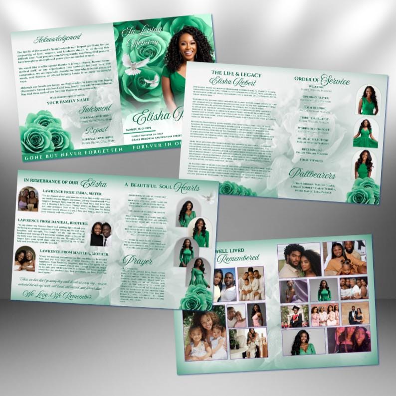 Green Roses Funeral Program Template: 8-page Memorial (canva, PDF ...