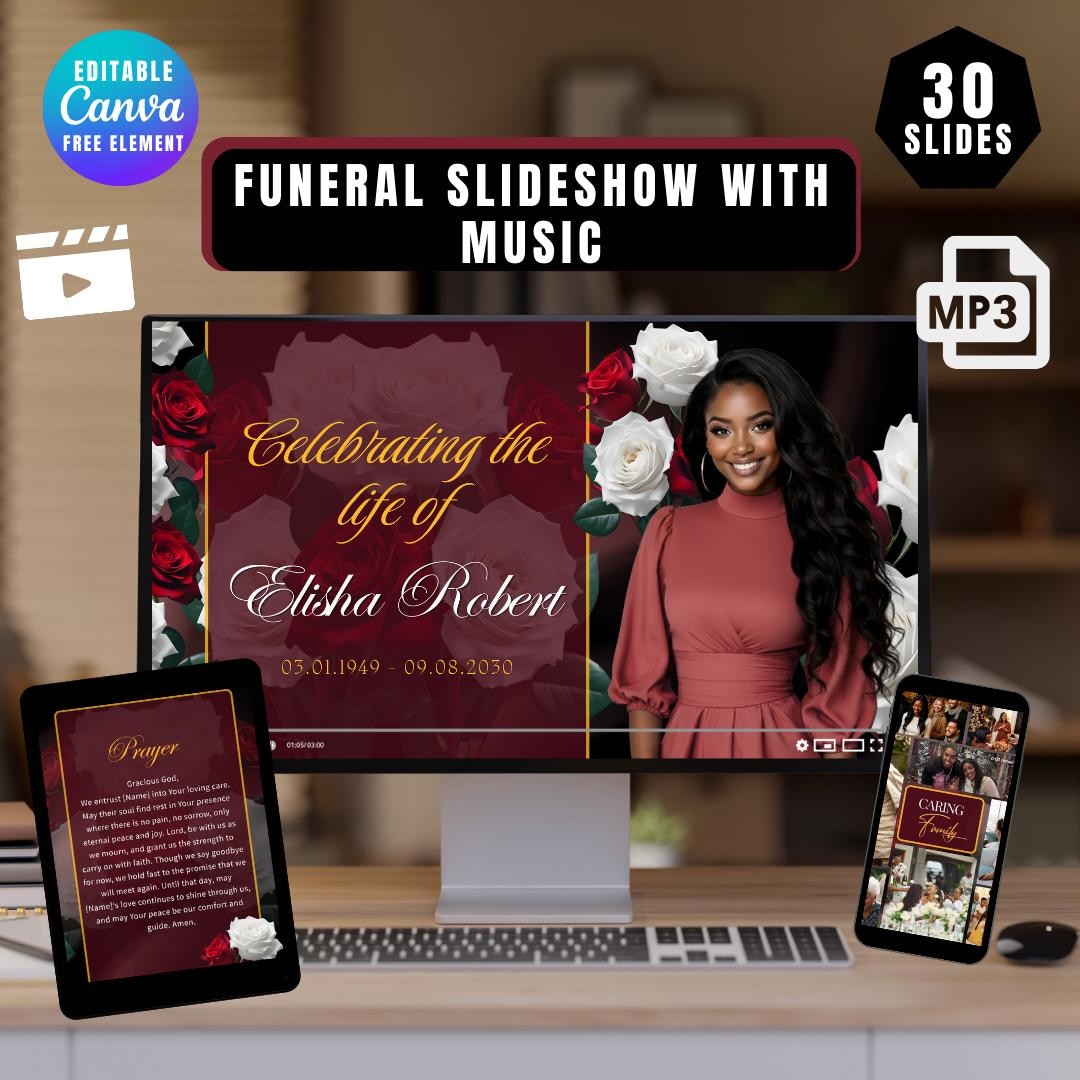 White, Red Rose & Gold Funeral Slideshow Template, Celebration of Life ...