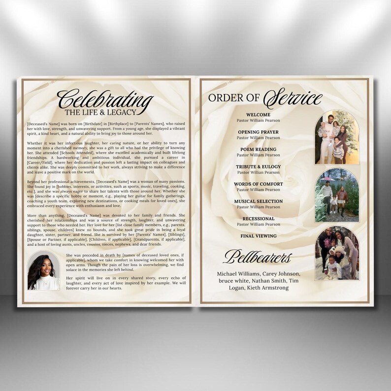 White & Brown Roses Funeral Program Template: 8-page Memorial (canva ...