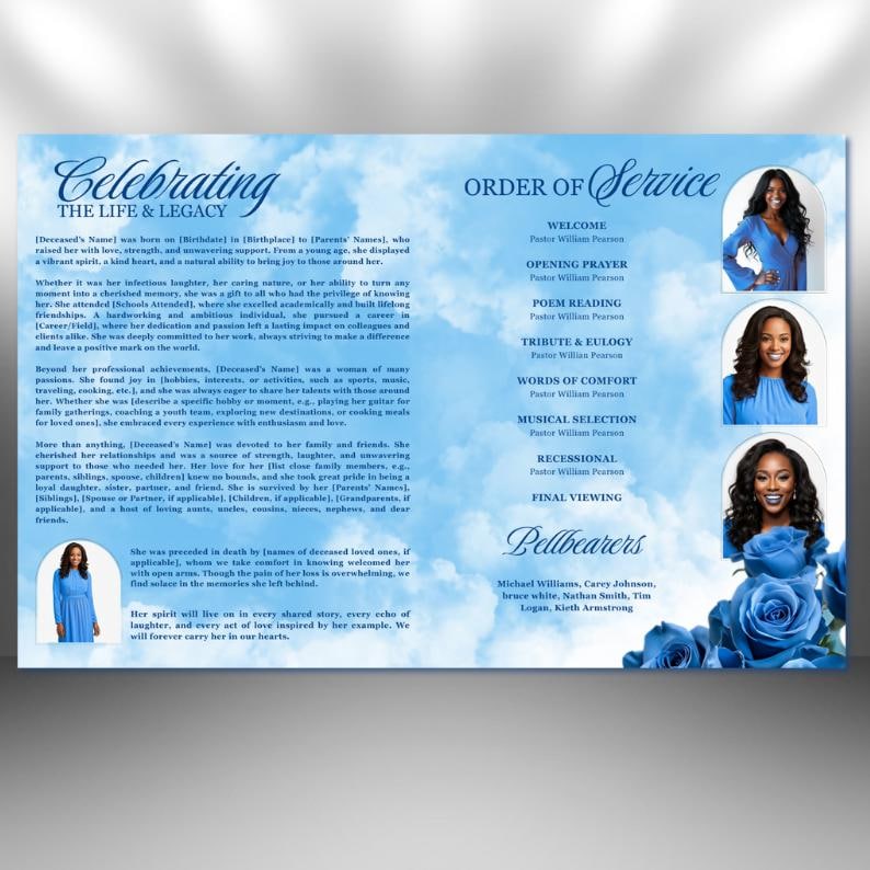 Blue Roses Funeral Program Template: 8-page Memorial (canva, PDF ...