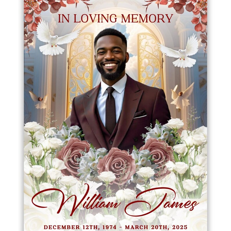 White & Red Funeral Program Template: Roses Design (canva, PDF Download ...