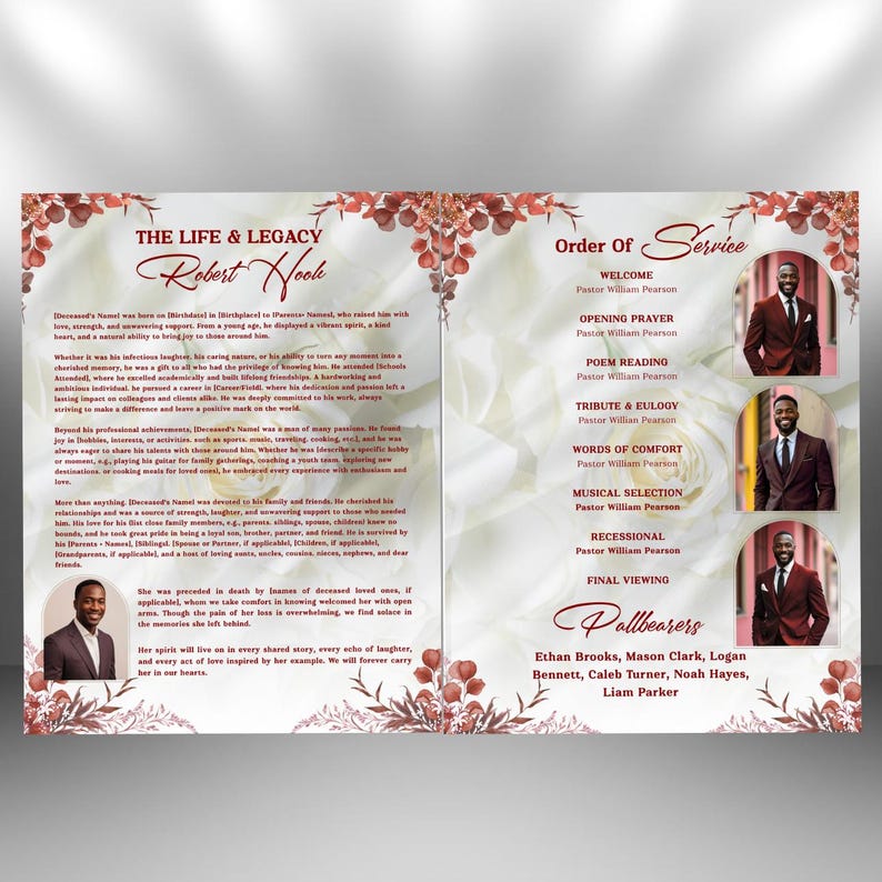 White & Red Funeral Program Template: Roses Design (canva, PDF Download ...
