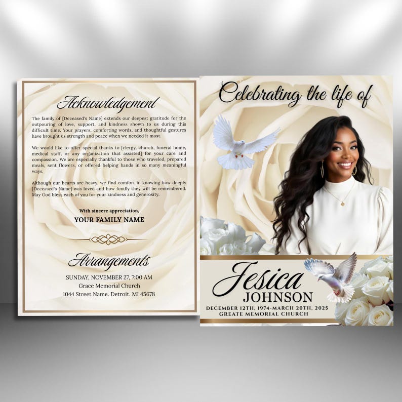White & Brown Roses Funeral Program Template: 8-page Memorial (canva ...