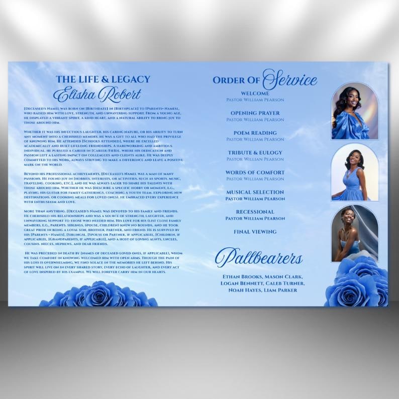 Blue Roses Funeral Program Template: 8-page Memorial (canva, PDF ...