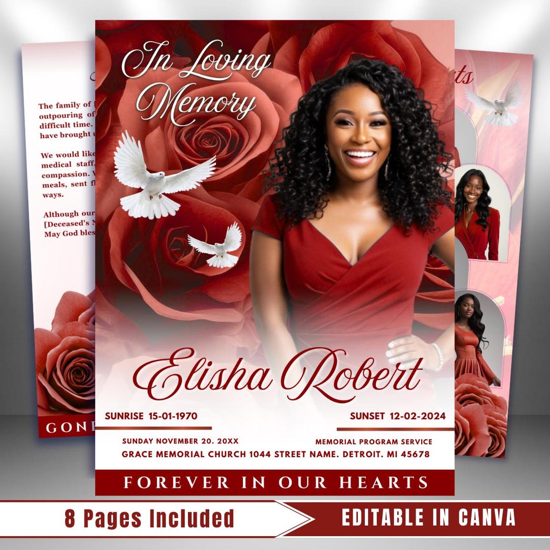 Red Roses Funeral Program Template: 8-page Memorial (canva, PDF ...