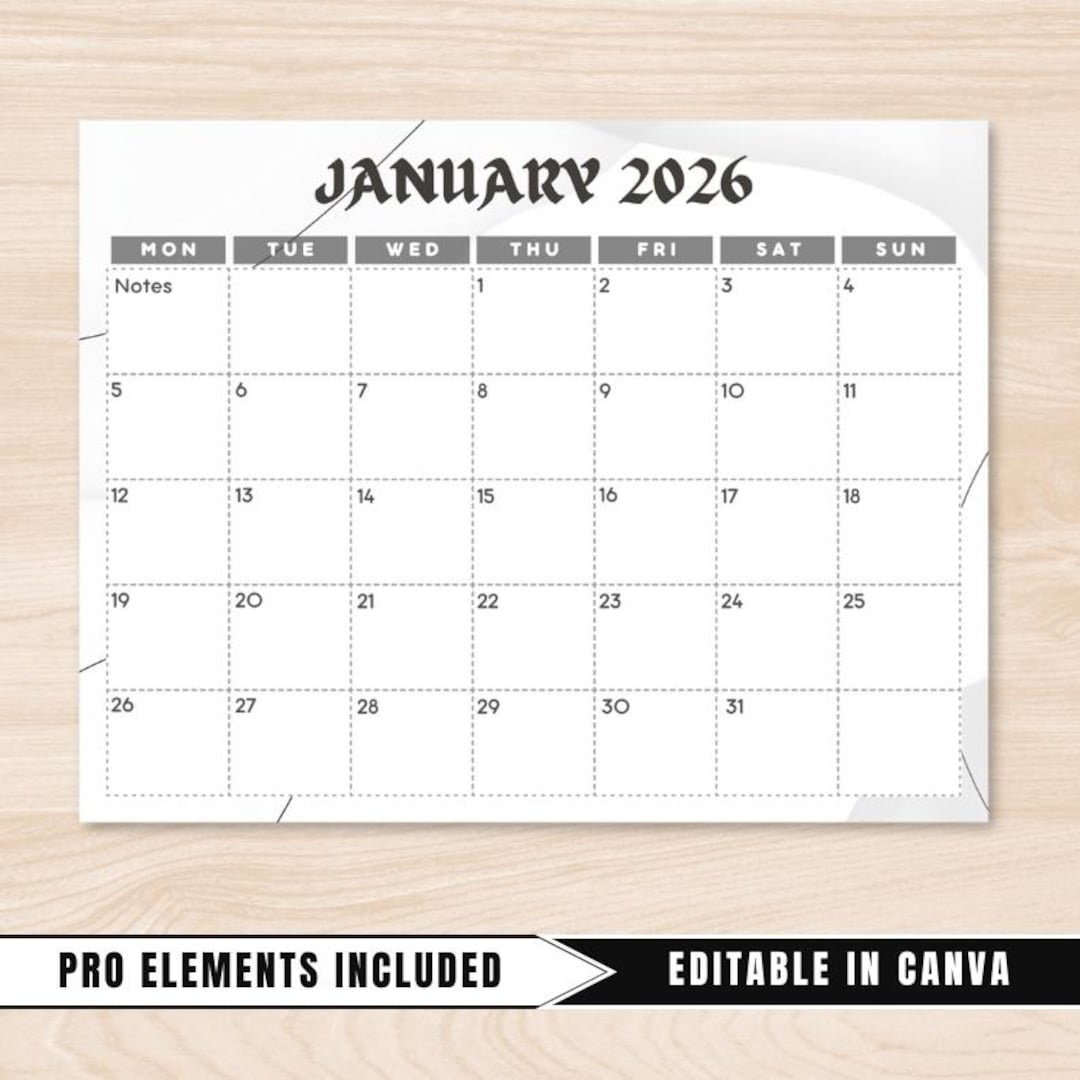 Editable January 2026 Calendar Template, Minimalist Monthly Planner ...
