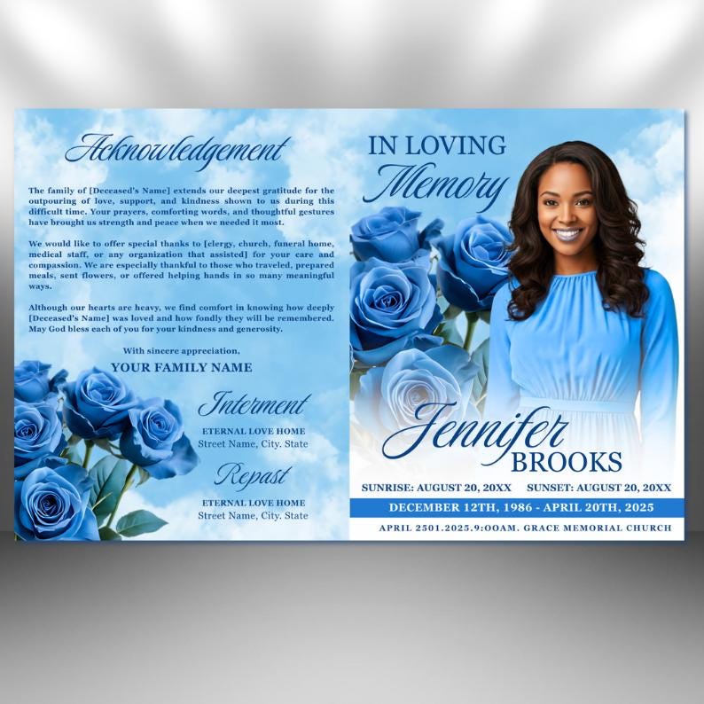 Blue Roses Funeral Program Template: 8-page Memorial (canva, PDF ...