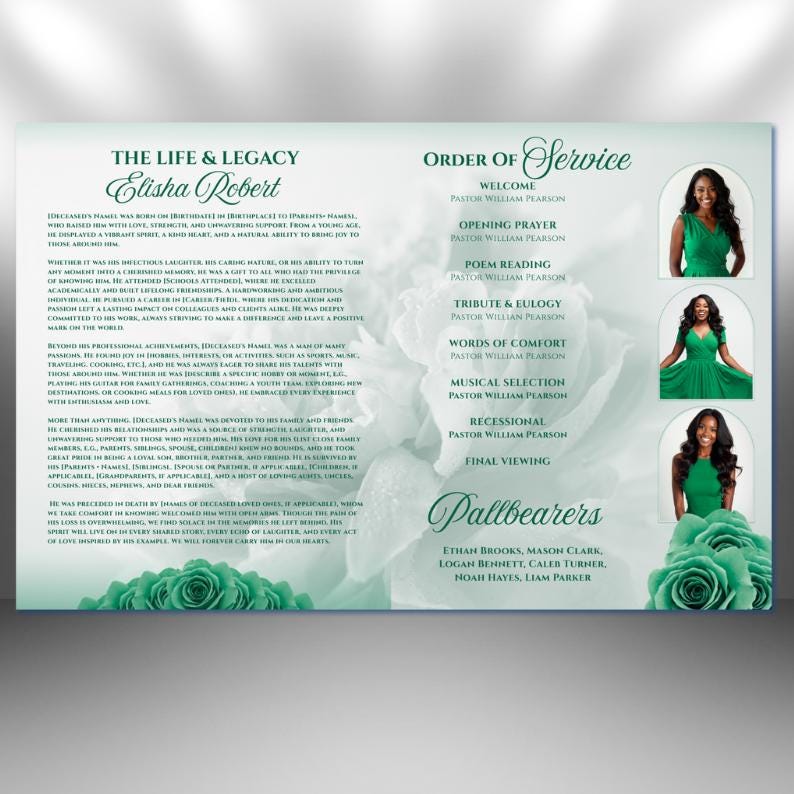 Green Roses Funeral Program Template: 8-page Memorial (canva, PDF ...