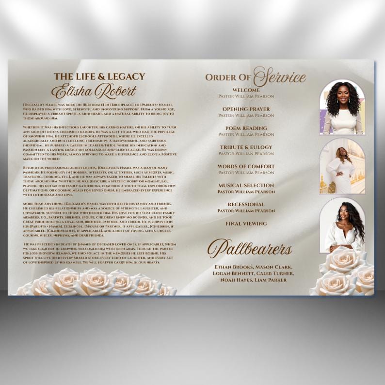 White & Brown Funeral Program Template: 8-page Memorial (canva, PDF ...