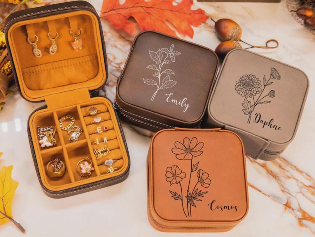 Birth Flower Jewelry Travel Case, Birth Month Flower Gift, Personalized ...