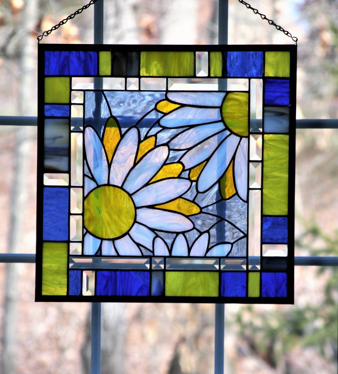 Tiffany Style Stained Glass Daisy Panel, Beveled Border, 19" Square ...
