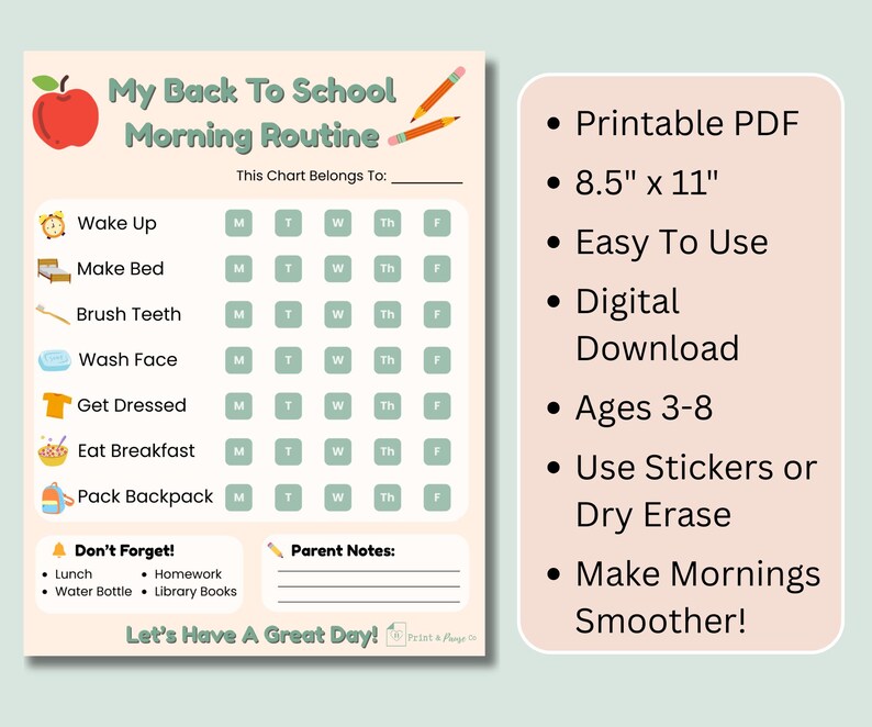Printable Kids Back to School Morning Routine Chart: Weekly Checklist ...