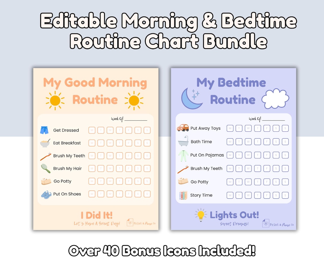 Editable Toddler Routine Chart Bundle : 2 Pack Morning & Bedtime Weekly ...