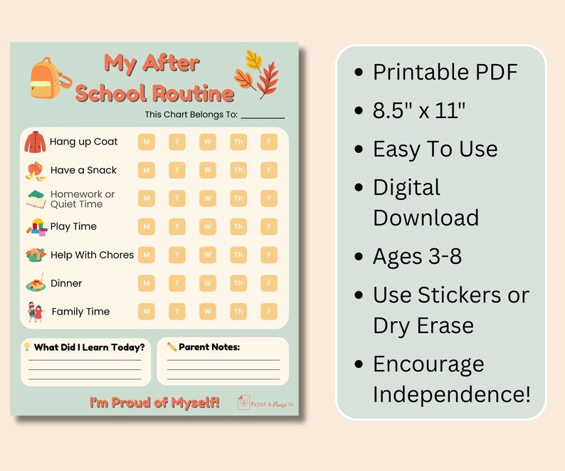 Printable Kids After School Routine Chart: Weekly Back to School ...