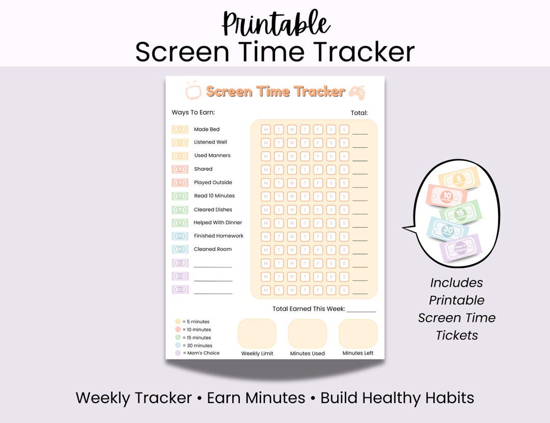 Printable Screen Time Tracker | Screen Time Chore Chart | Kids Weekly ...