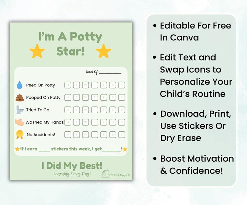 Editable Potty Training Reward Chart for Toddlers | Printable Weekly ...