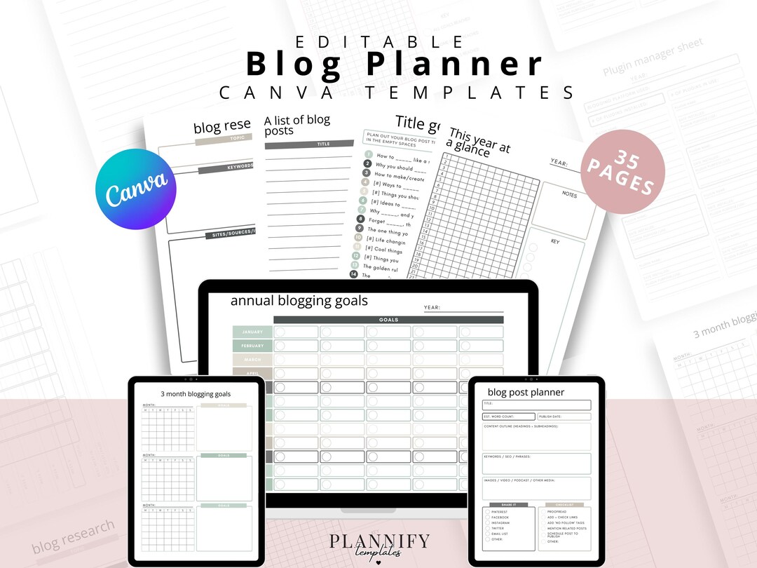 Editable Blog Planner: 35 Canva Templates, Social Media Tracker ...