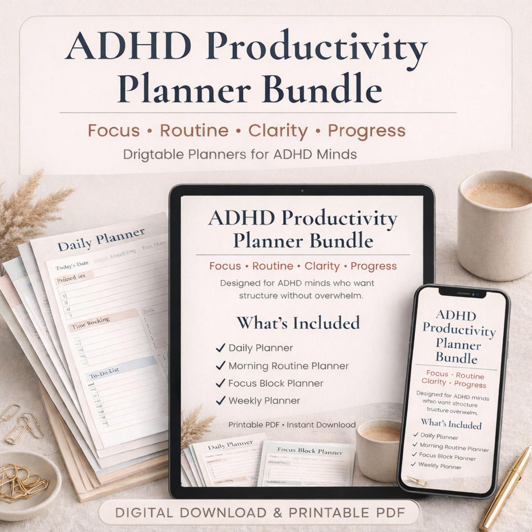 ADHD Productivity Planner Bundle | Daily Focus & Time Management ...
