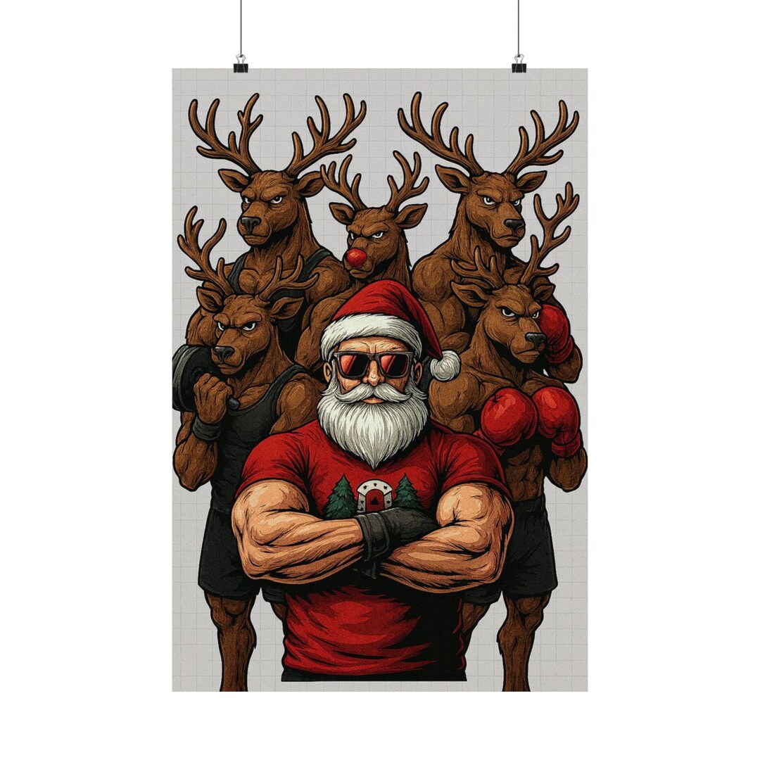 Muscular Santa With Boxing Reindeer Matte Vertical Poster | Christmas ...