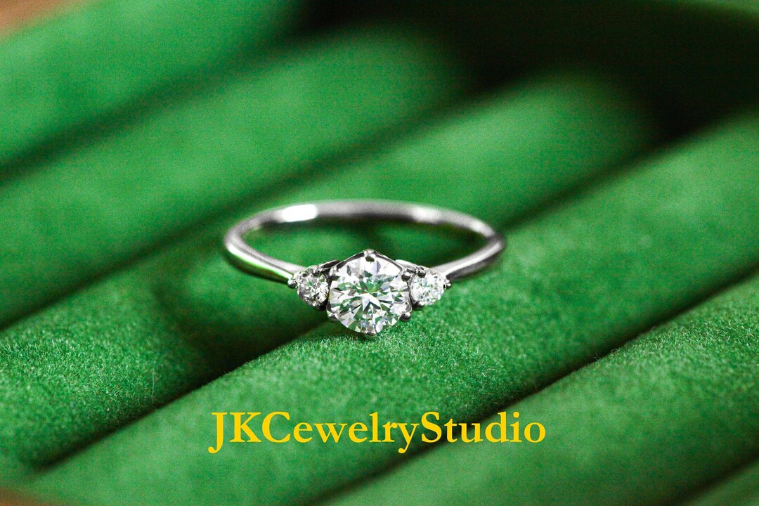 Moissanite Engagement Ring Unique White Gold Three Stones Round Cut ...