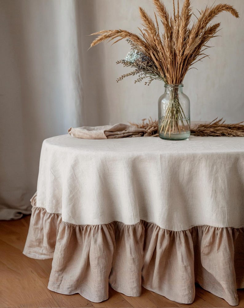 Custom Two Tone Ruffled Linen Tablecloth: for Oval, Round, Square ...