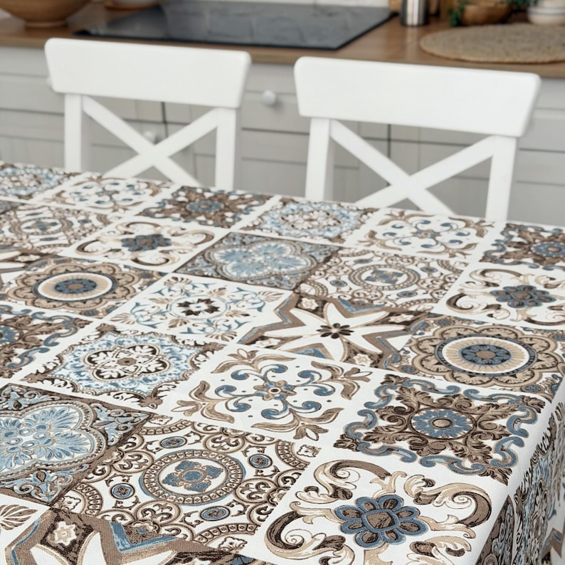 Custom Spanish Azulejo Tile Design Cotton Wipeable Tablecloth ...