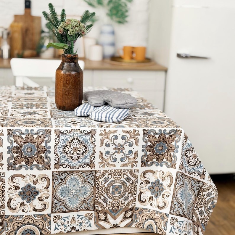 Custom Spanish Azulejo Tile Design Cotton Wipeable Tablecloth ...