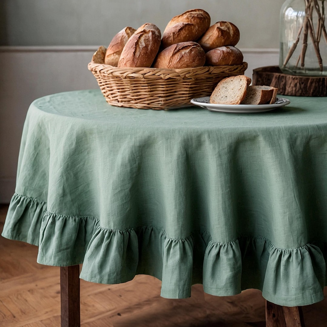 Custom Sage Green Ruffled Linen Tablecloth: for Oval, Round, Square ...