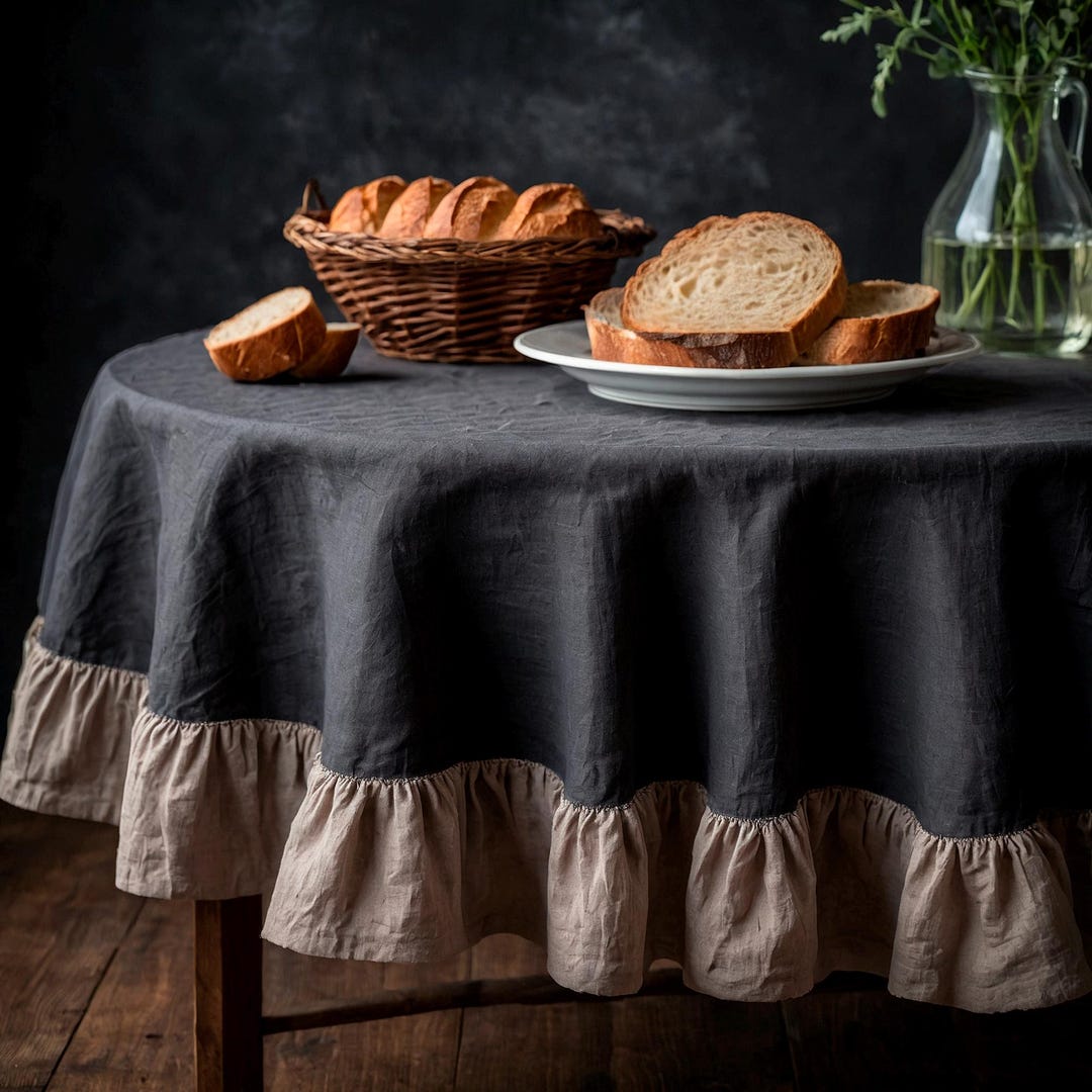 Original Two Tone Ruffled Linen Table Cover: for 60|70|90 Inch Oval ...