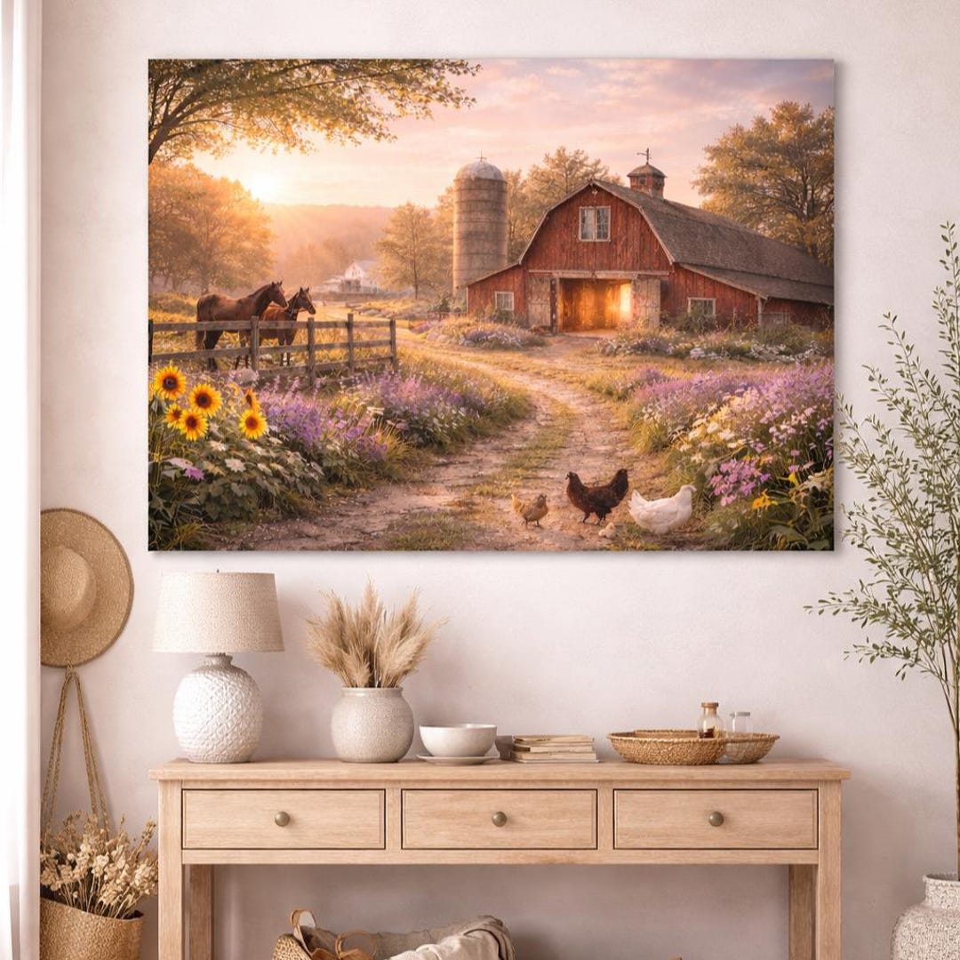 Sunlit Farmhouse Canvas Art, Rustic Barn, Cottagecore Landscape - Etsy