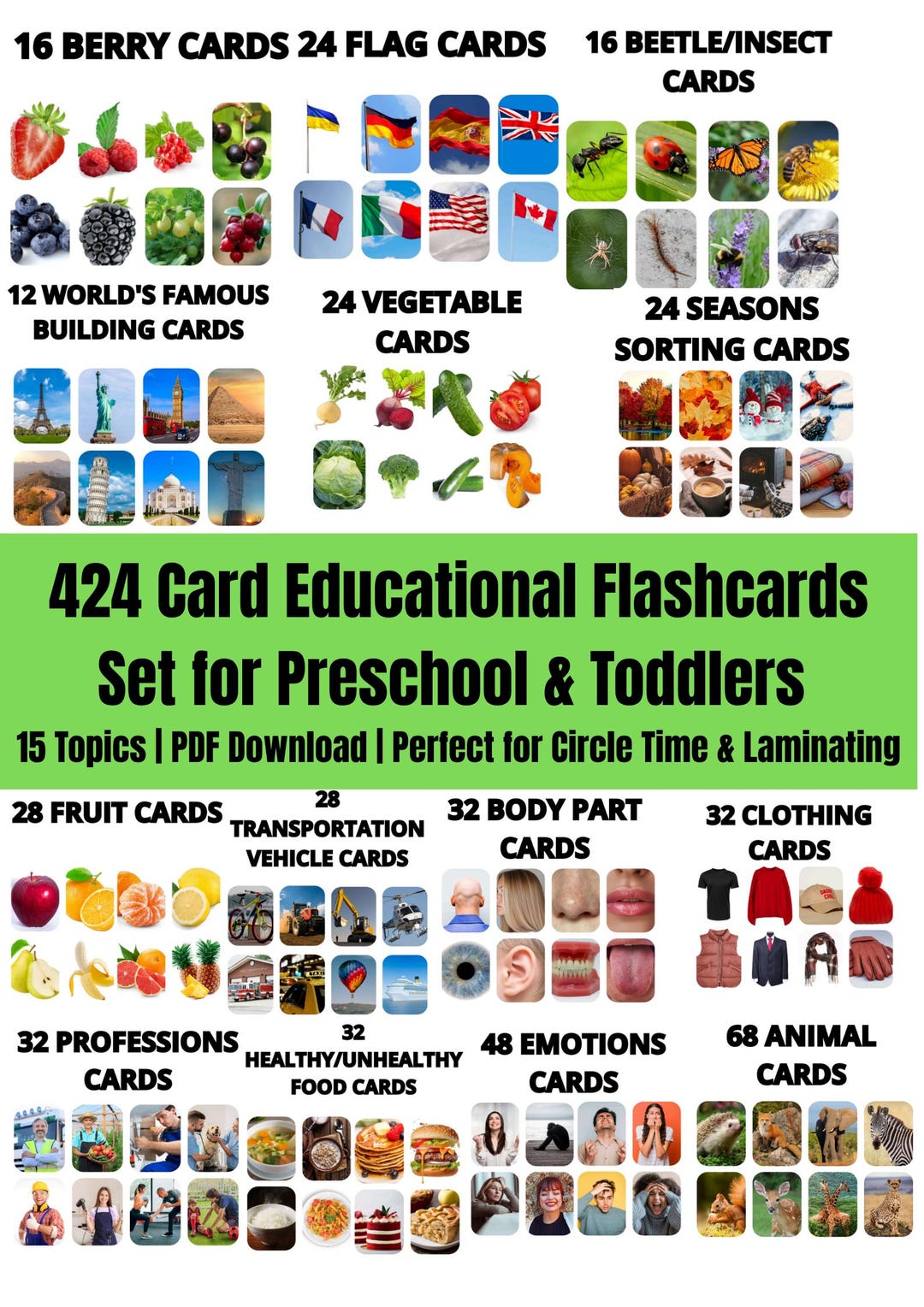 424 Preschool Flashcards PDF Bundle | Animals, Emotions, Food ...