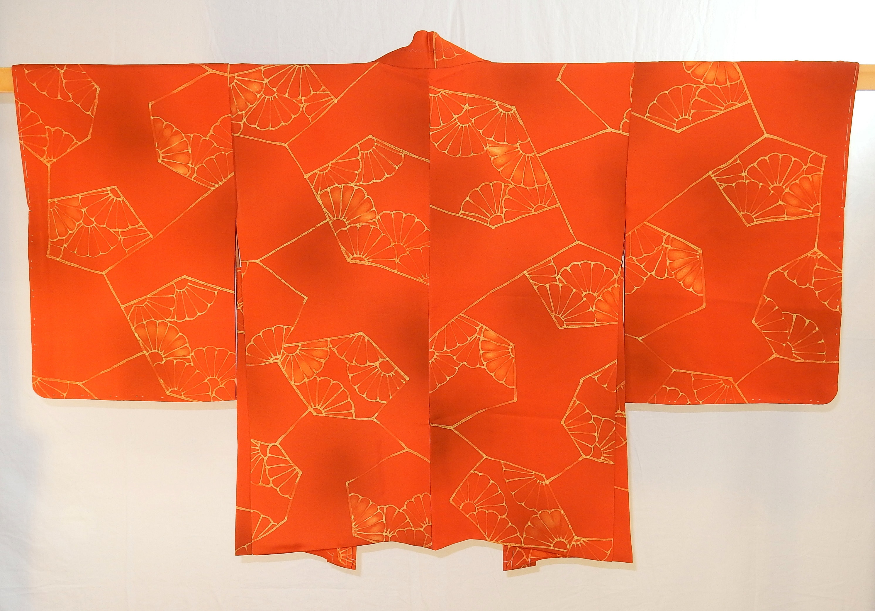 Red-orange Batik Haori in a Delicate Fence Pattern - a Vintage Silk ...