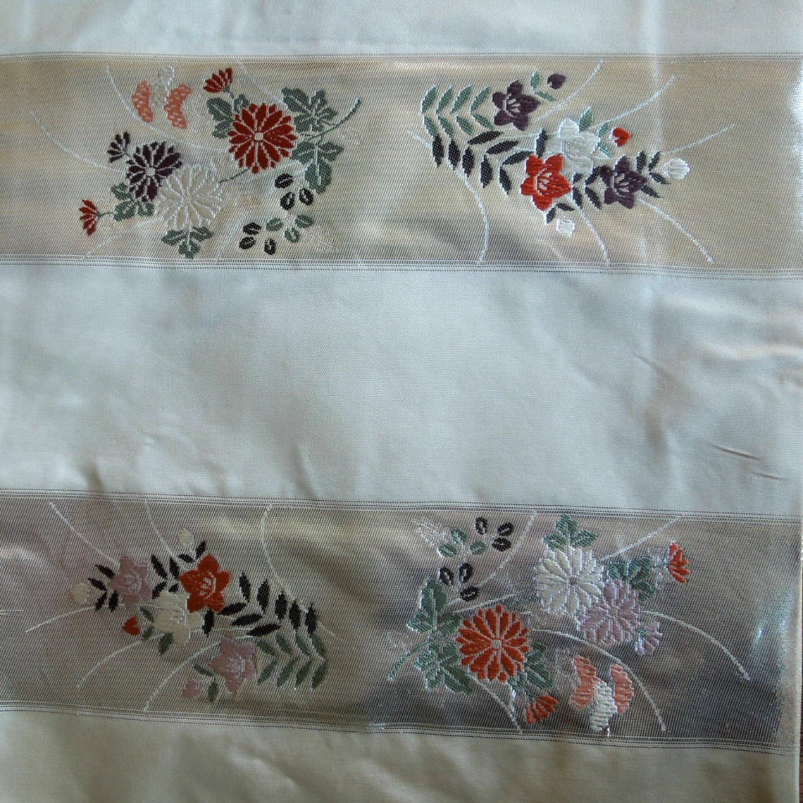 Nagoya Obi Table Runner White and Silver Silk Bands Woven With Flowers ...