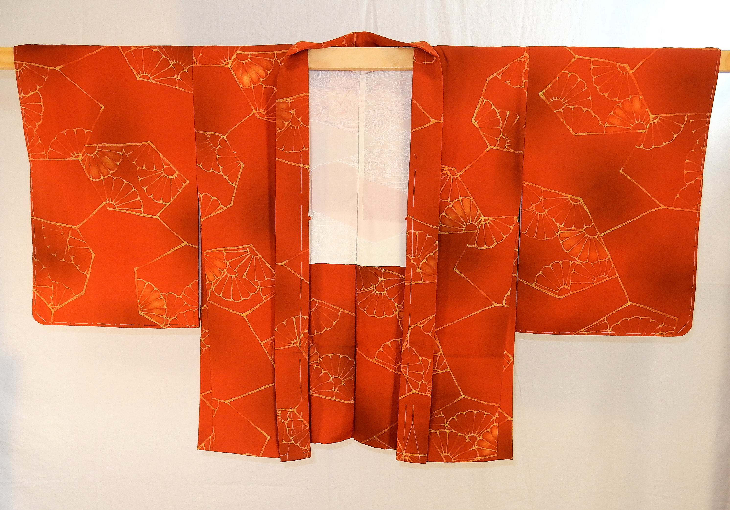 Red-orange Batik Haori in a Delicate Fence Pattern - a Vintage Silk ...