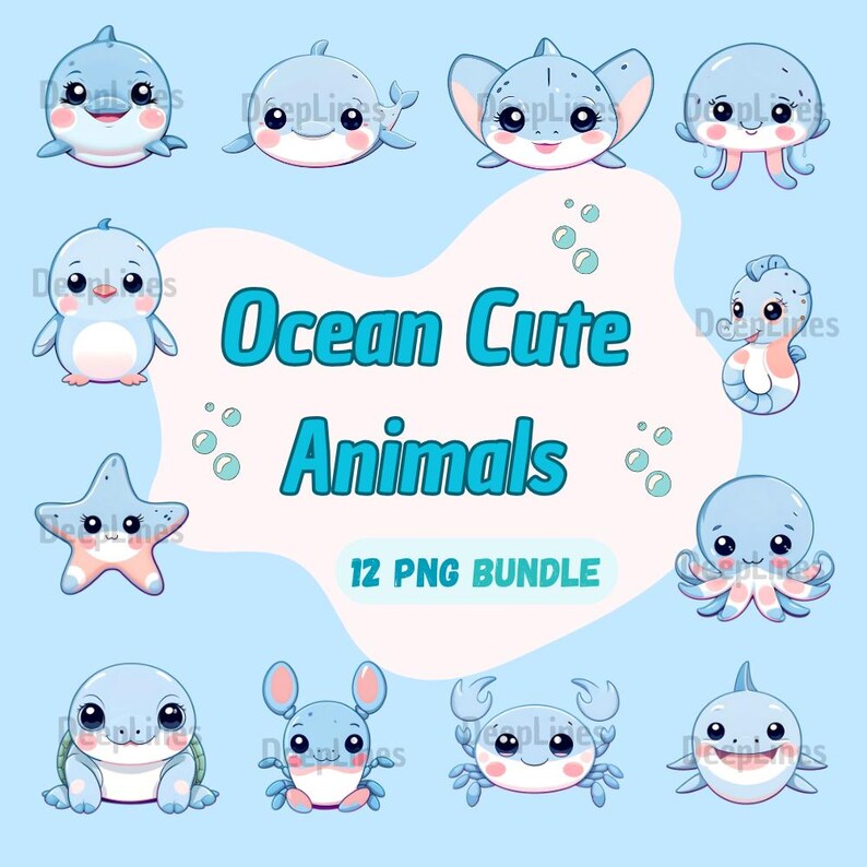 Cute Ocean Animals Clipart Bundle 12 PNG PLR Kawaii Sea Creatures ...