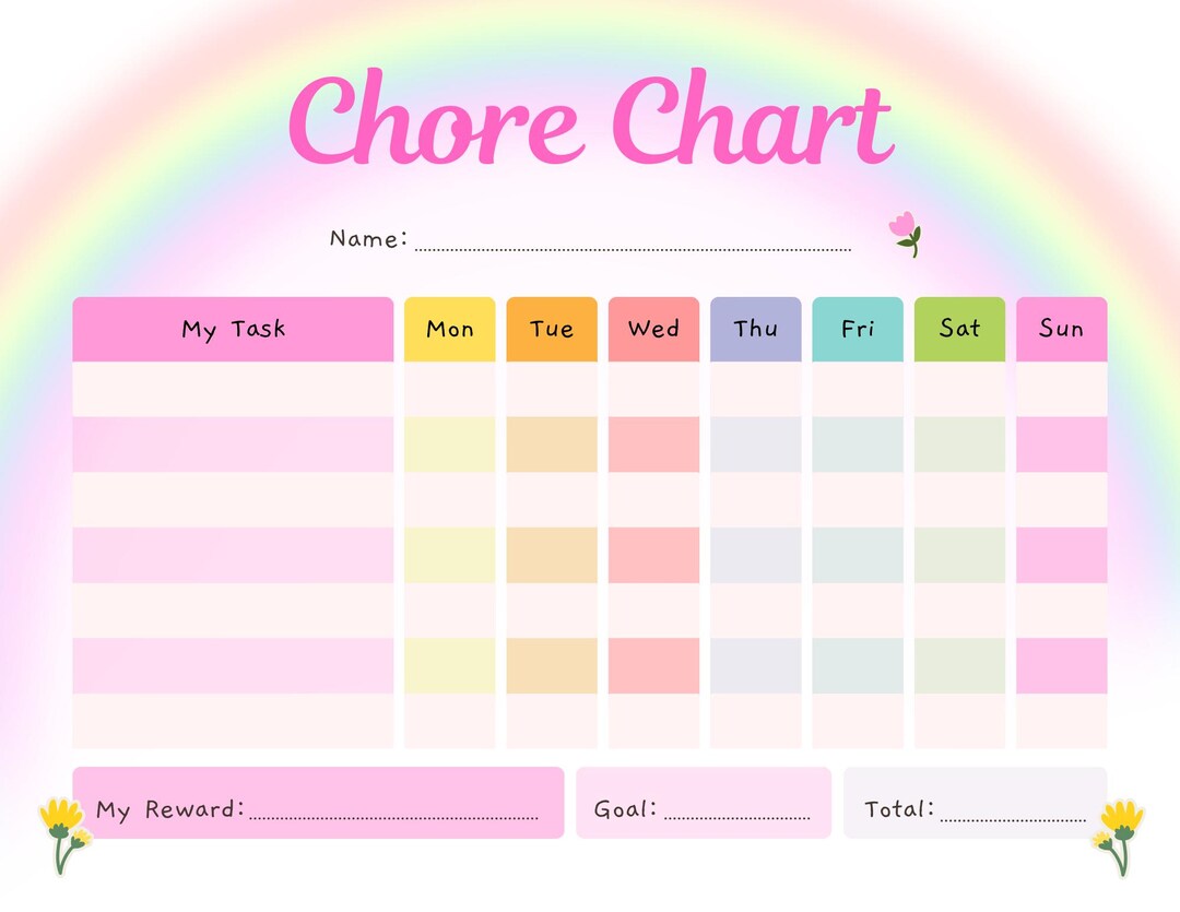Rainbow Weekly Chore Chart, Tracking for Kids/toddlers (digital ...
