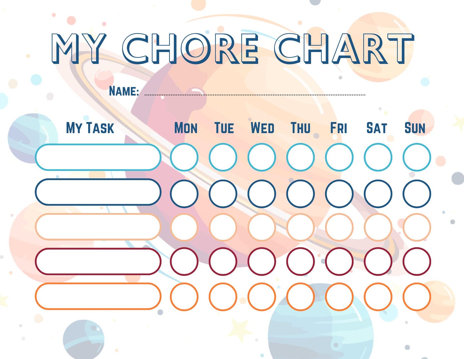 Space/planet Weekly Chore Chart, Tracking for Kids/toddlers (digital ...