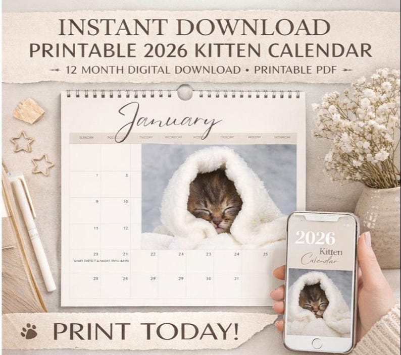 Kitten Printable 2026 Wall Calendar | Real Kitten Photos | Digital ...