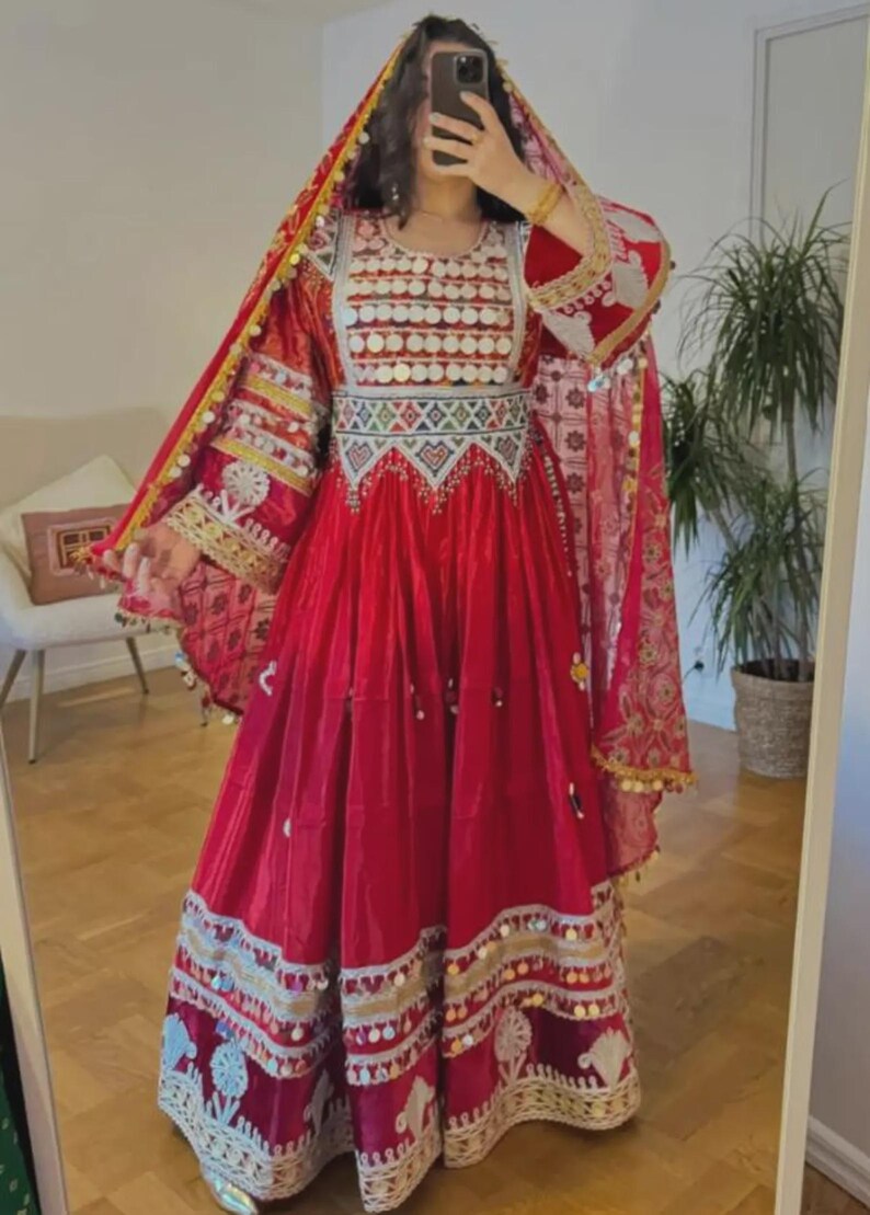 Handcrafted Afghan Dress With Kuchi Charma Embroidery & Beaded Belt ...