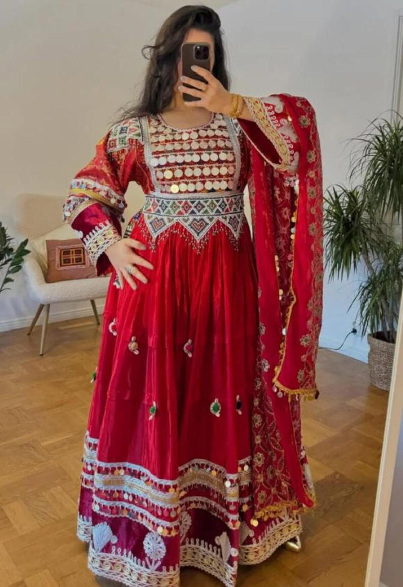 Handcrafted Afghan Dress With Kuchi Charma Embroidery & Beaded Belt ...
